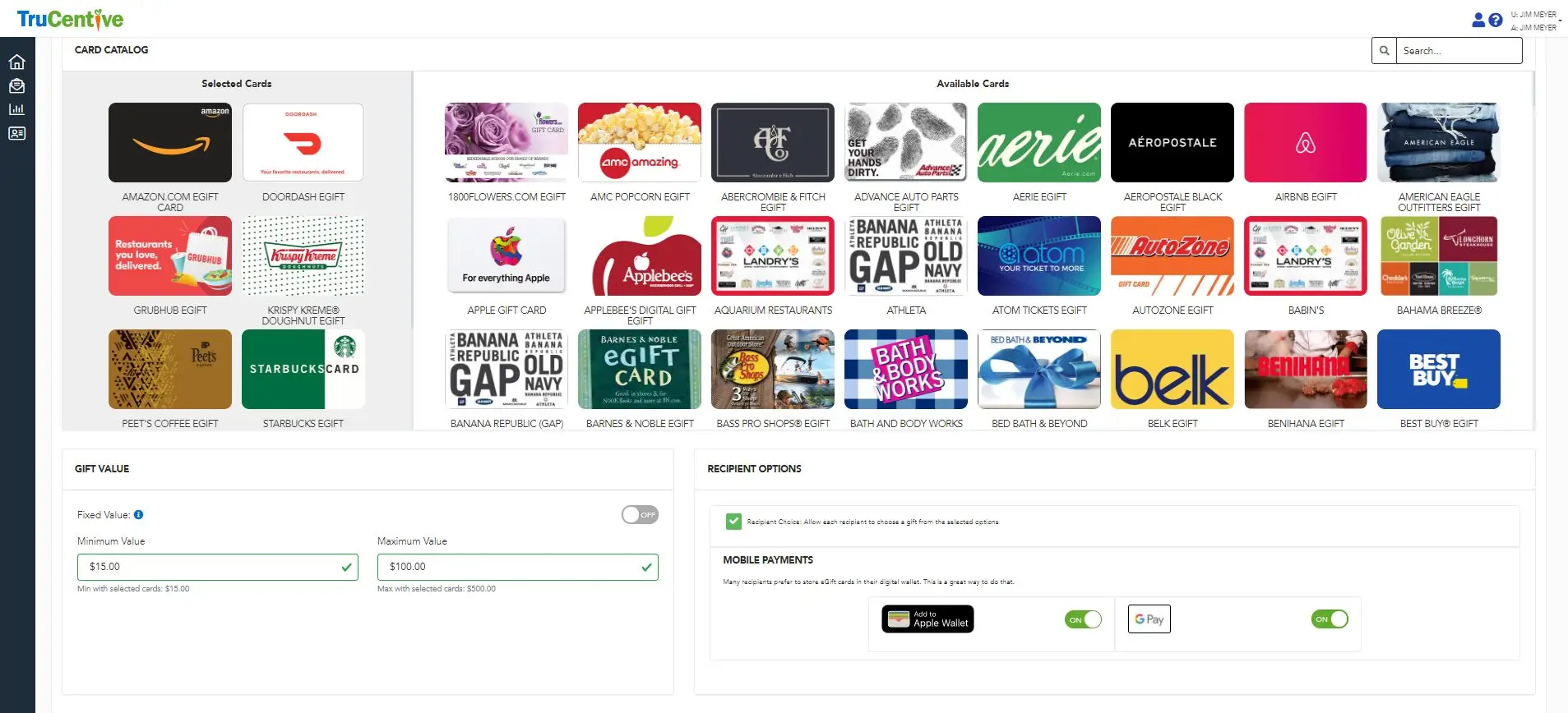 Curate a set of gift card choices with "Recipients Choice" TruCentive